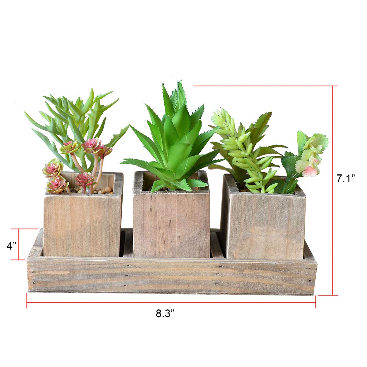 Set of 3 Fake Succulents Plants, Artificial Succulents with Rustic Style Wood Square Pots & Rectangular Tray, Desktop herb Garden Mini Faux Succulents for Home Décor