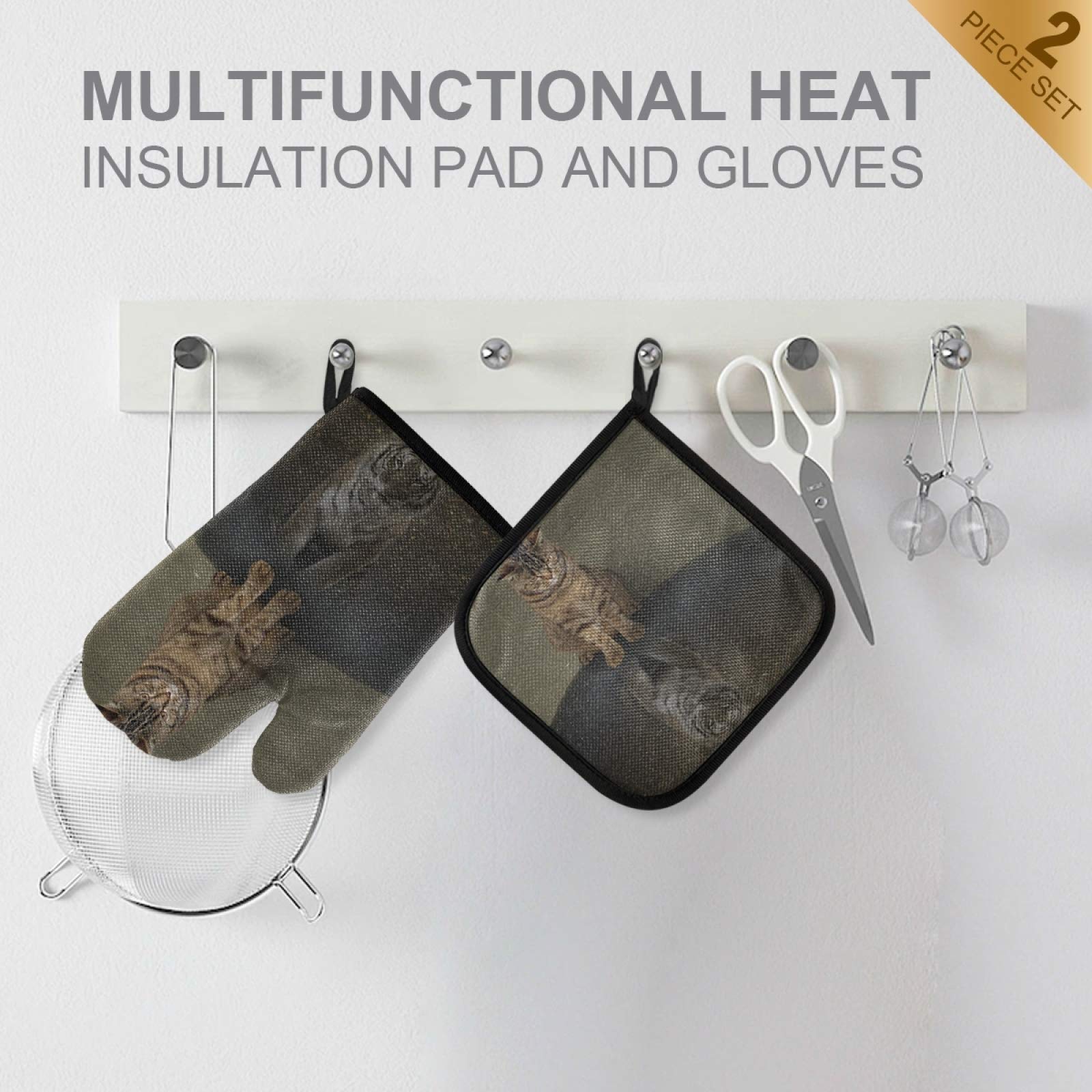 Cat Tiger Reflection Oven Mitts and Pot Holders Sets Heat Resistant Hot Pads Funny Creative Pet Cooking Gloves Handling Kitchen Cookware Bakeware BBQ