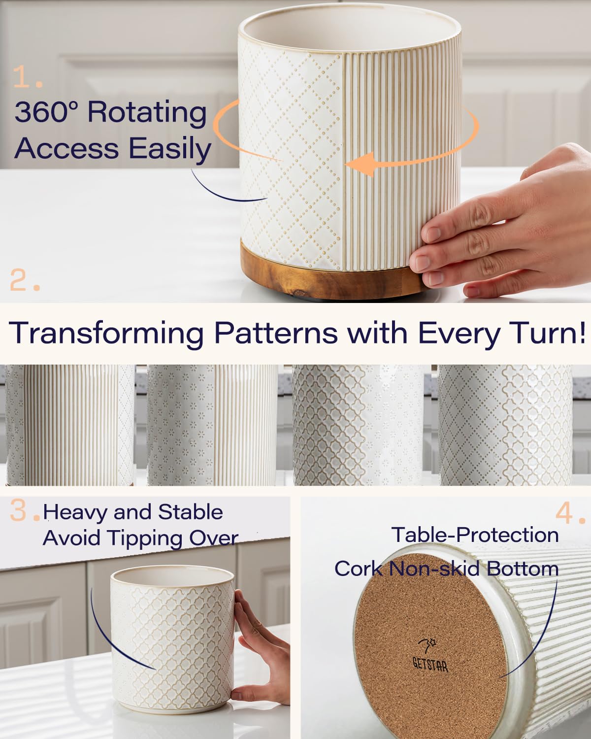 getstar 360° Rotating Kitchen Utensil Holder, Large Ceramic Cooking Utensil Holder for Kitchen Counter with Rotatable and Detachable Wooden Base