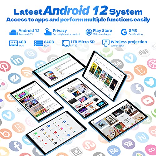 TECLAST Tablet 10 inch Android 12 Tablets, P25T 4GB RAM 64GB ROM 1TB Expand Android Tablet, Tableta with 1.8Ghz 4-core CPU, 2.4G+5G WiFi 6, 10.1'' IPS Screen, Dual Cameras, Bluetooth 5.0, Stereo, GMS