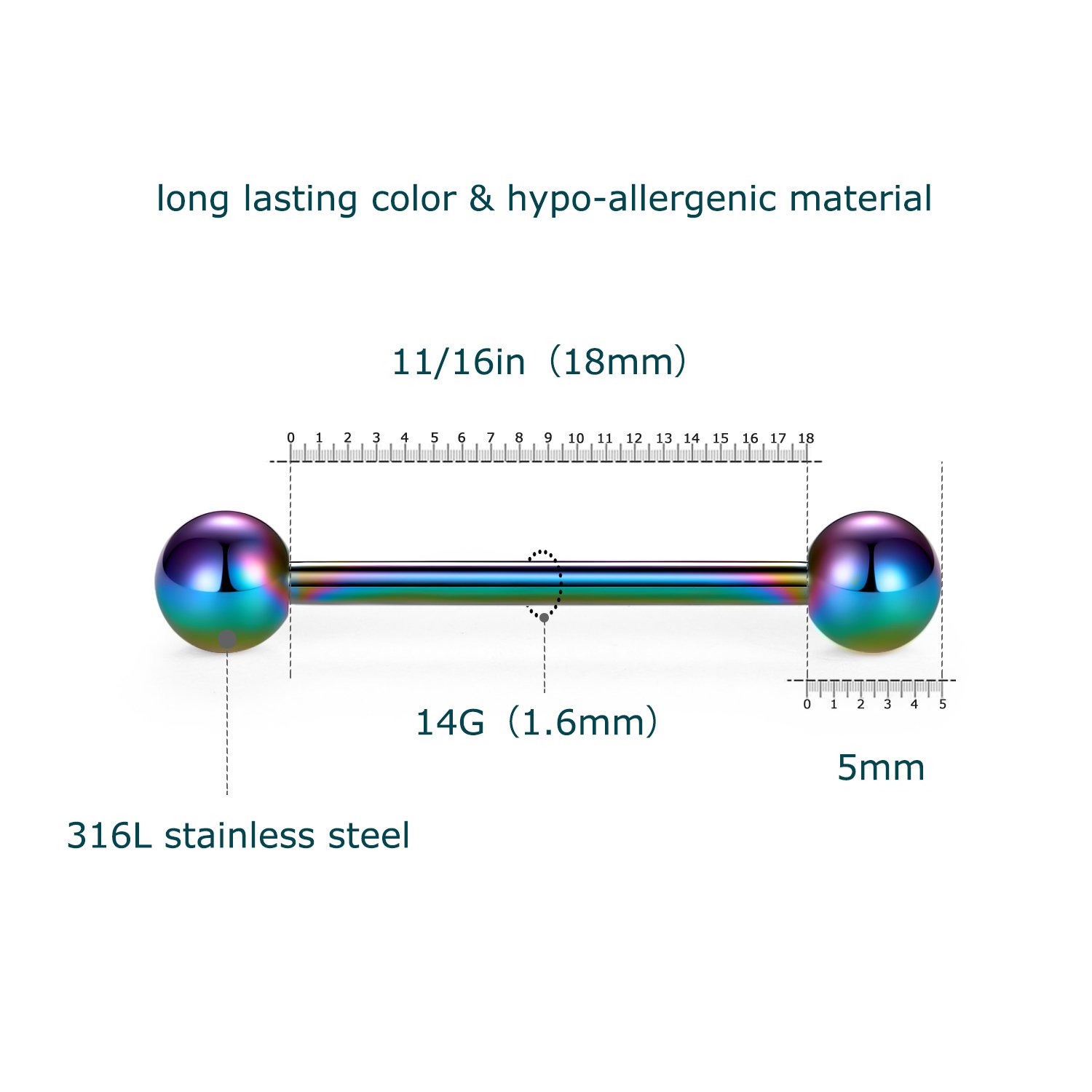 VCMART Nipple Rings Tongue Ring Surgical Steel Nipplerings Piercing Women Rainbow Barbells 14G 6 Pairs 3/4"