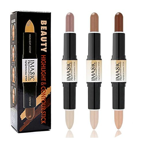 CCbeauty 3pcs 2-IN-1 Matte Contour Highlighter Kit with Blush, Cream Dual-End Highlight Bronzer Concealer Blusher Stick for Cheeks & Lip,Eye, Long Lasting Contouring Face Shaping Makeup, Light-Medium