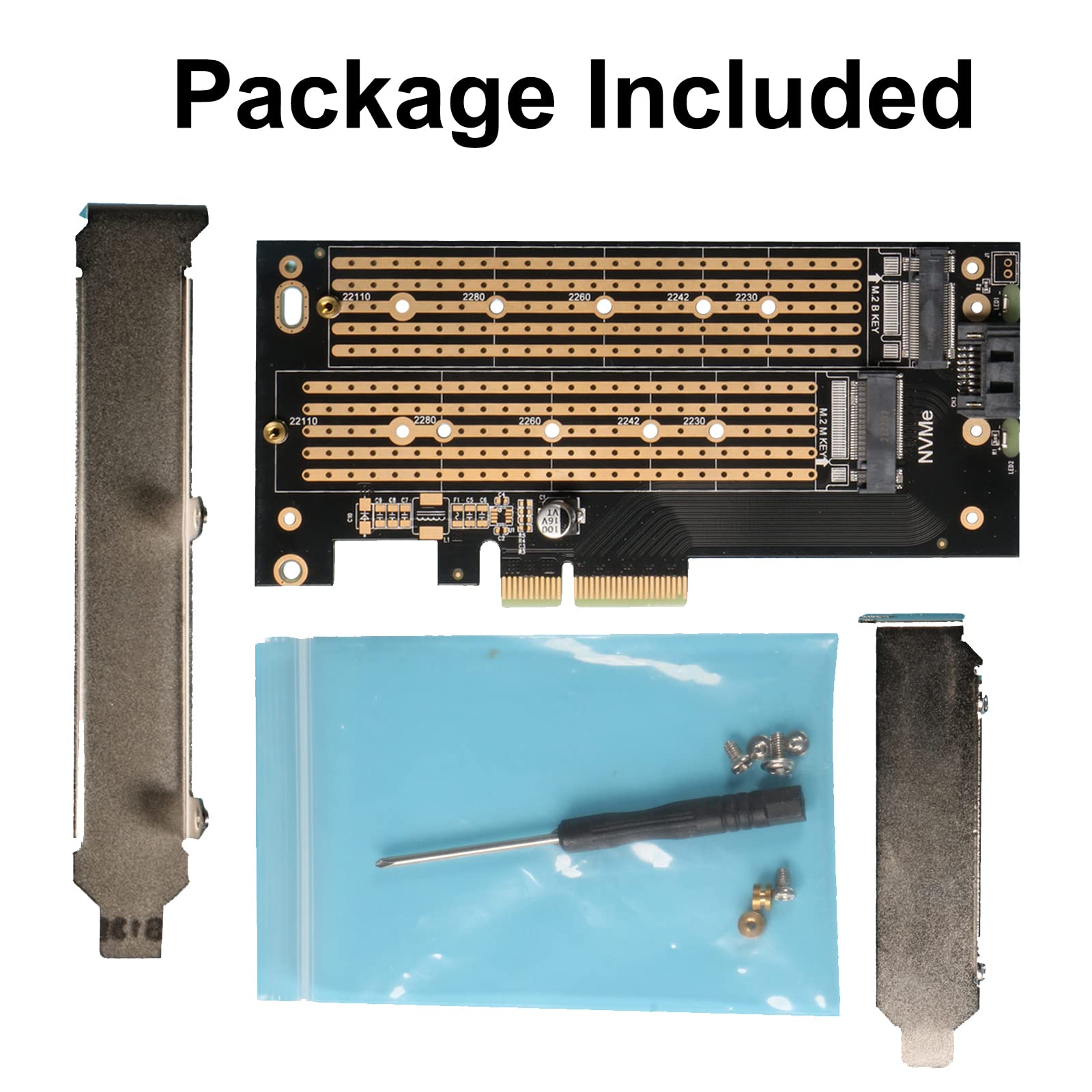 Dual M.2 PCIE Adapter, NGFF SSD to PCIE SATA Dual-Disk Adapter Expansion Card Supports MKey BKey Wiring PCIE 3.0X 4 Full Speed, Desktop PC Installation