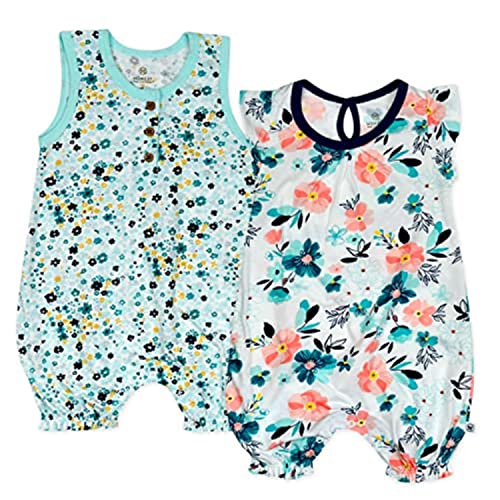 HonestBaby Multipack Short Romper Sets and Dresses 100% Organic Cotton for Infant Baby, Toddler Boys, Girls, Unisex (LEGACY), Dreamy Floral Aqua Blue, 3-6 Months