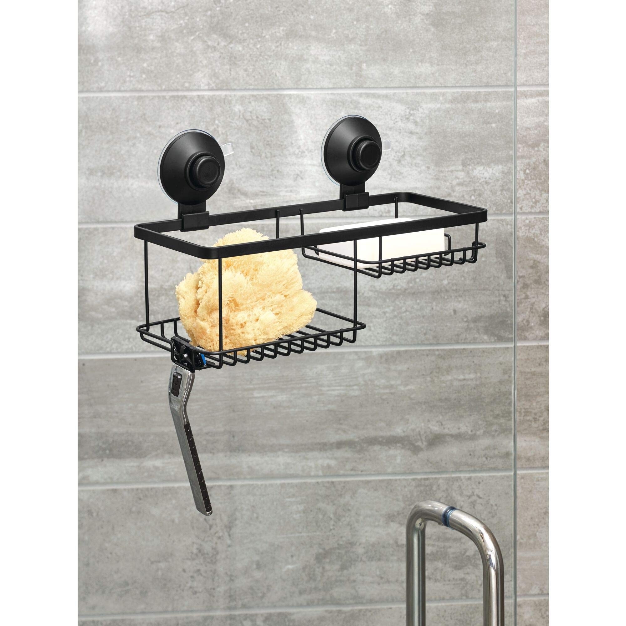 iDesign Everett Metal Push Lock Suction Shower Caddy, Extra Space for Shampoo, Conditioner, and Soap with Hooks for Razors, Towels, Loofahs, and More, 11.1" x 4.9" x 6.54", Matte Black