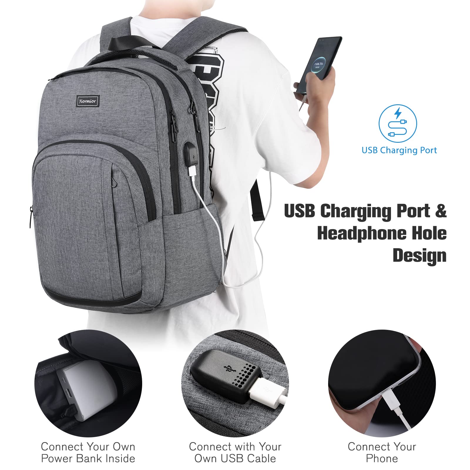 Bookbag School Backpack, Travel Backpack Anti Theft Laptop Backpack with USB Charging Port Water Resistant College Fits 15.6 Inch Notebook Over 3 Years Old