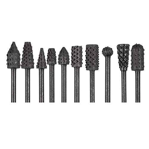 Eyech 10pc 1/8''(3mm) Shank Carbon Steel Rotary Burr Rasp Set Wood Carving File Rasp Drill Bits for DIY Woodworking Wood Carving Polishing Grinding Engraving