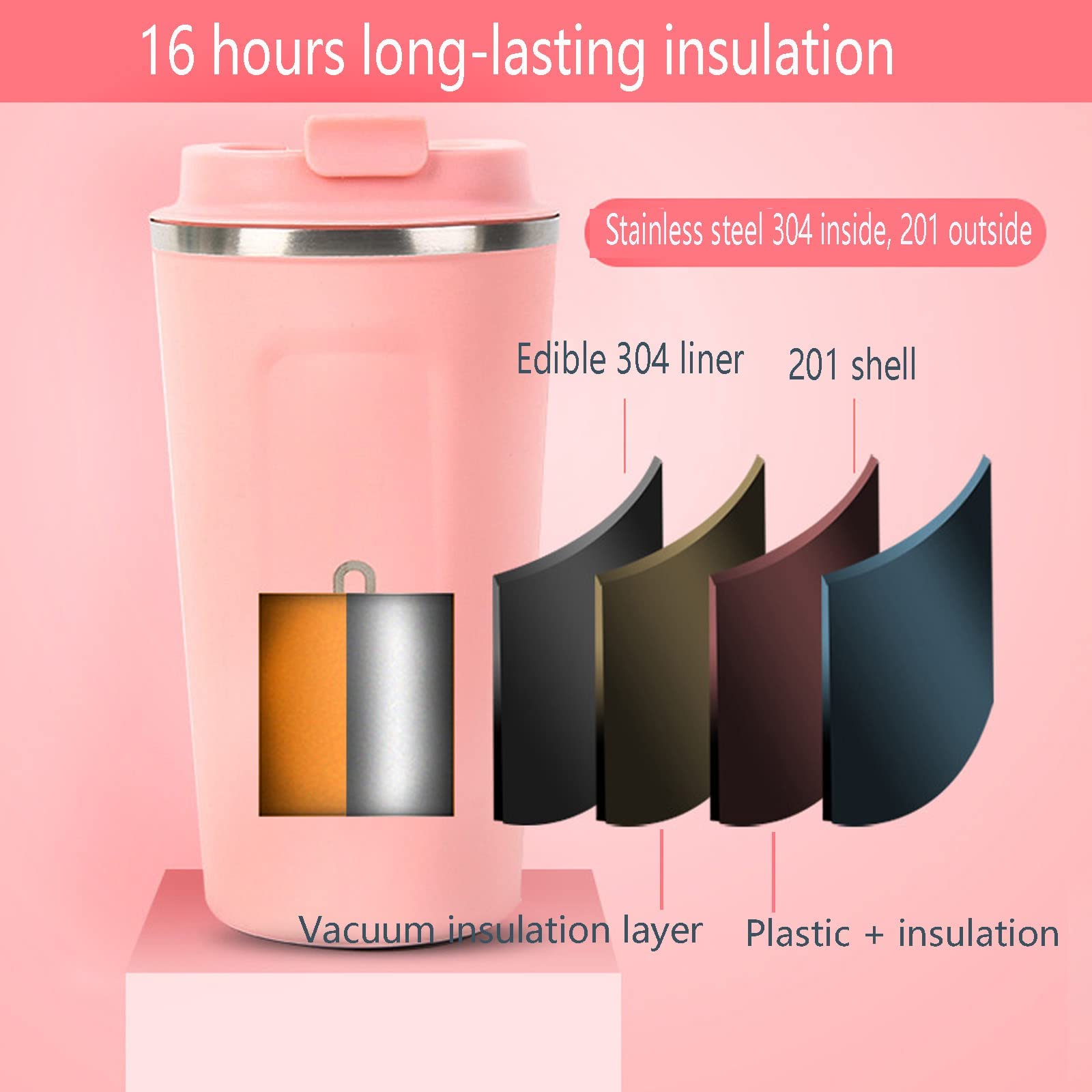 CCFENGUP 13oz Travel Mug, 380ml Insulated Coffee Mug Spill, Stainless Steel Vacuum Tumbler, Small Water Bottle with Lid, Double Wall Leak-Proof Thermos for Keep Hot/Ice Coffee,Tea, Pink