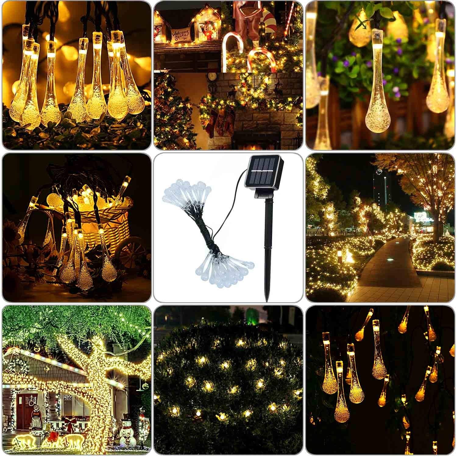 SEYEON Solar String Lights Water Drop Decorative Lights String Waterproof Outdoor Garden Fairy Lights for Patio, Yard, Home, Parties 2-Pack (Warm White)