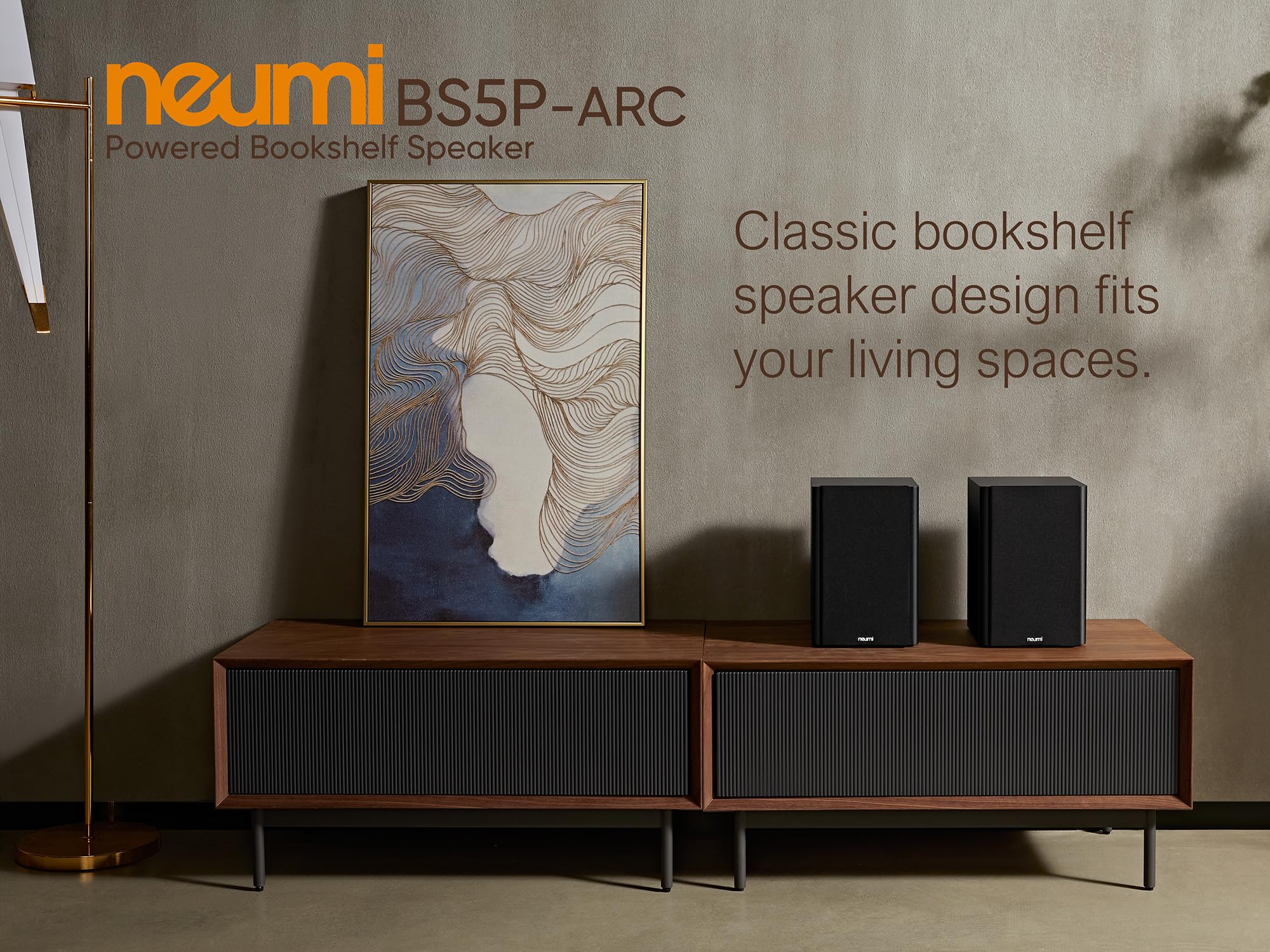 NEUMI BS5P-ARC 75-Watt Powered Bookshelf Speakers, Bluetooth, HDMI, USB, Optical, Coaxial, Remote Control, 5-Inch Woofer, 1-Inch Tweeter, Dark Wood, 1 Pair
