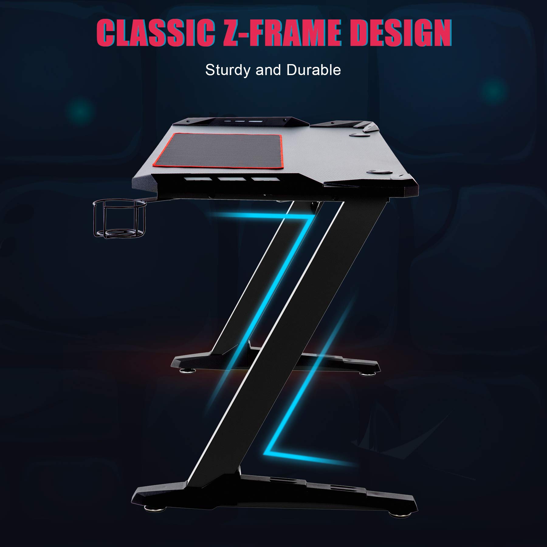 CO-Z 55 Inch Gaming Desk, Z Shaped Gaming Table with 6-Color RGB Lighting, Large Mouse Pad, Controller Stand, Cup Holder & Headphone Hook, Writing Desk Computer Desk for Home Office and More, Black