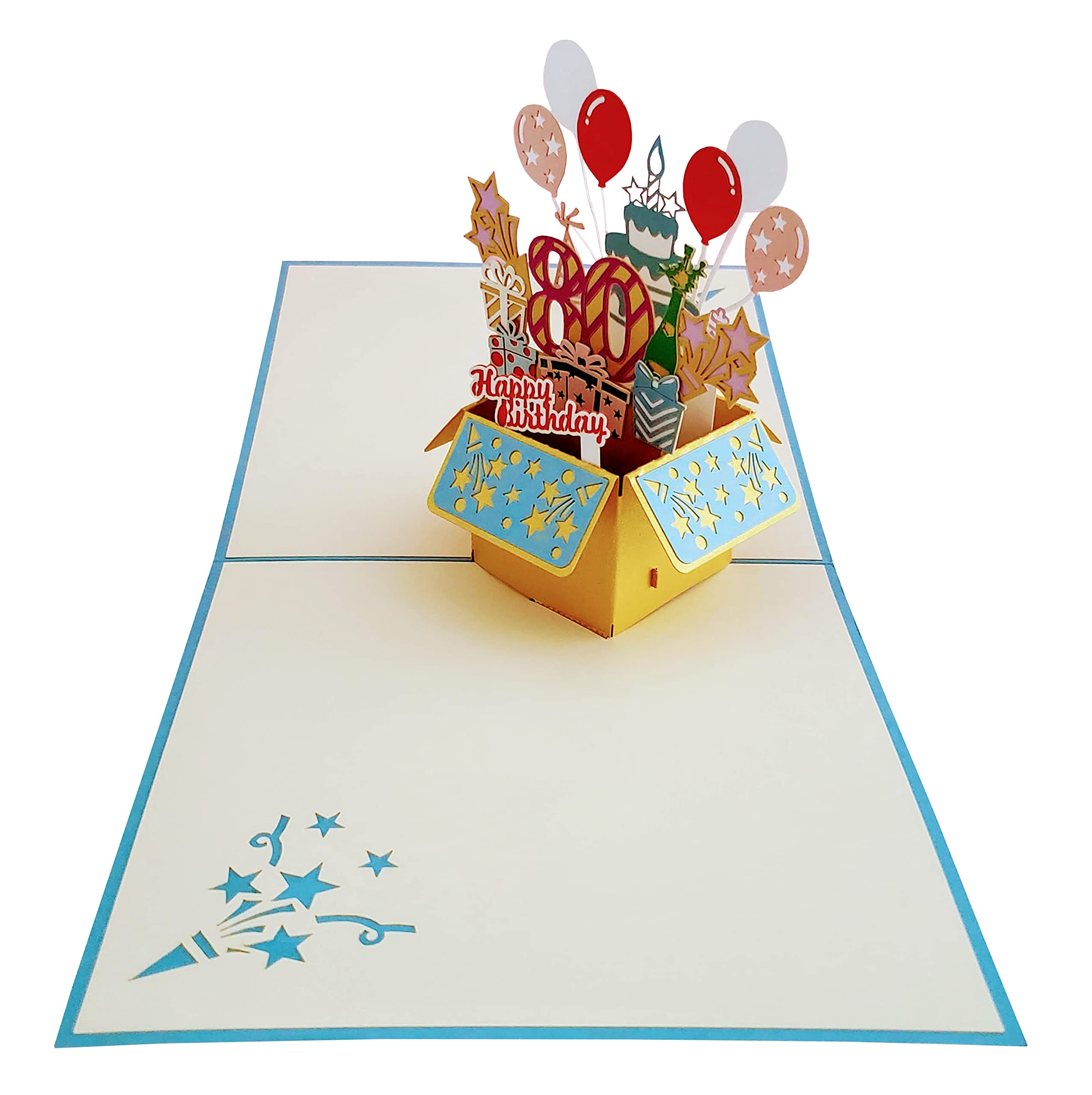 iGifts And Cards Happy 80th Blue Birthday Party Box 3D Pop Up Greeting Card – Eighty, Awesome, Balloons, Unique, Celebration, Feliz Cumpleaños, Fun, Fabulous