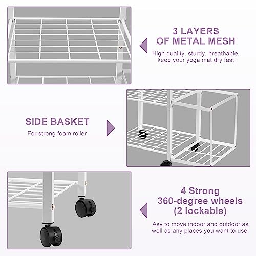 Emfogo Yoga Mat Holder Home Gym Storage Rack Yoga Mat Workout Storage for Foam Roller, Yoga Strap and Resistance Bands, Weight Rack for Dumbbells Workout Equipment Storage Organizer With Wheels
