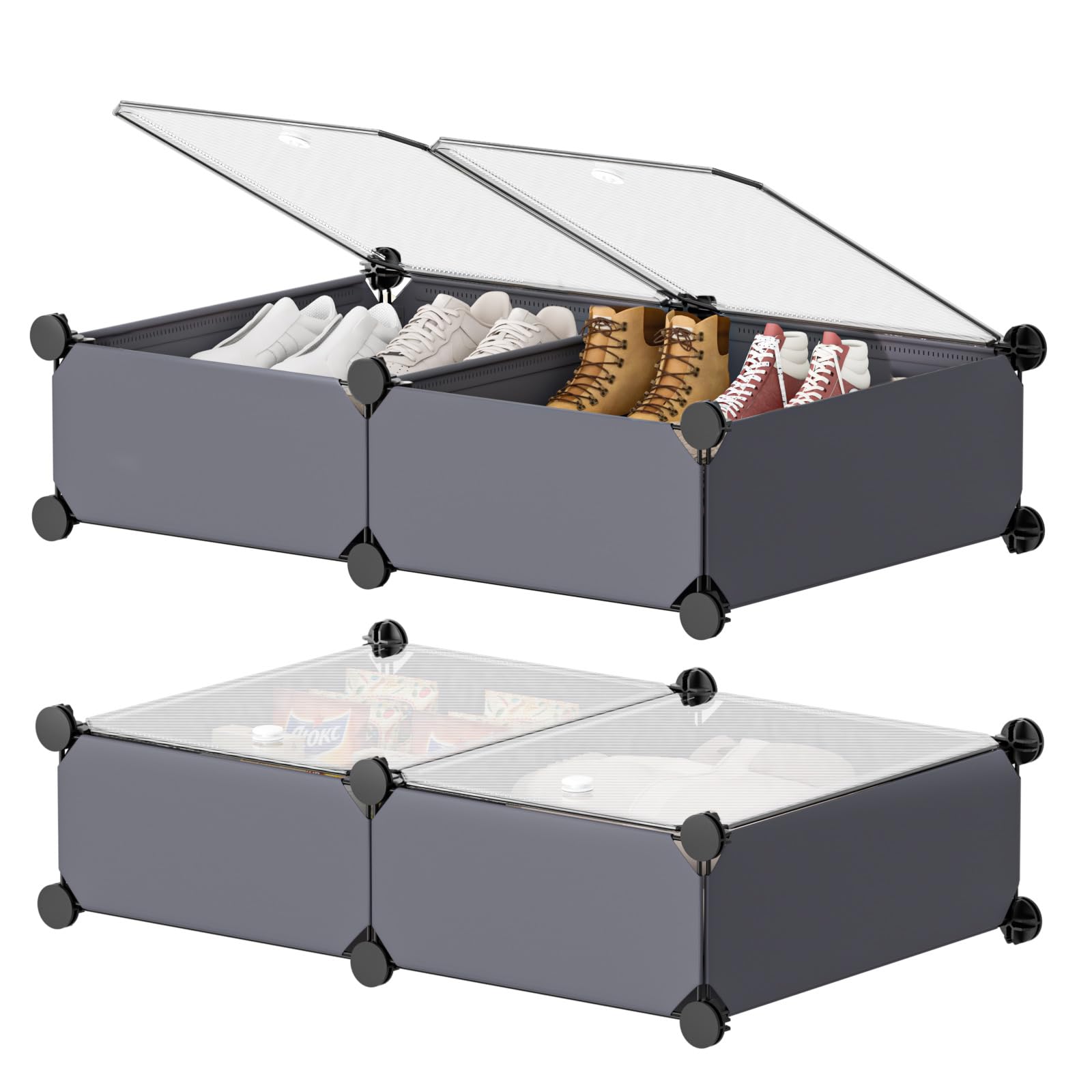 EE-RoomWorld Shoe Storage Organizers,7 inches height plastic metal under bed Shoe Storage,4 pairs shoe under bed storage containers,under bed Organizer with clear lids for shoe boot dorm storage