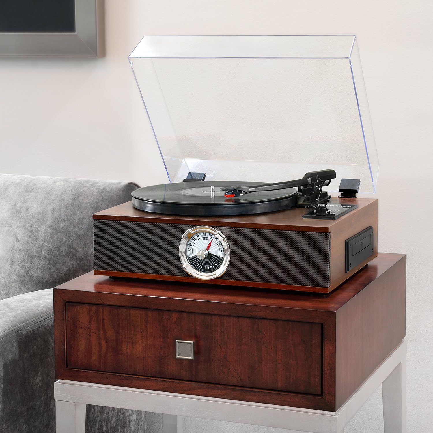 Victrola 5-in-1 Wood Bluetooth Record Player with 3-Speed Turntable, CD and Radio Mahogany
