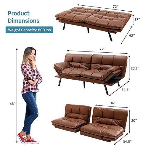 KOMFOTT Futon Sofa Bed, Faux Leather Memory Foam Convertible Futon Couch with Adjustable Backrest & Armrests, Metal Legs, Modern Loveseat Sleeper Bed Split-Back Sofa for Small Apartment & Office