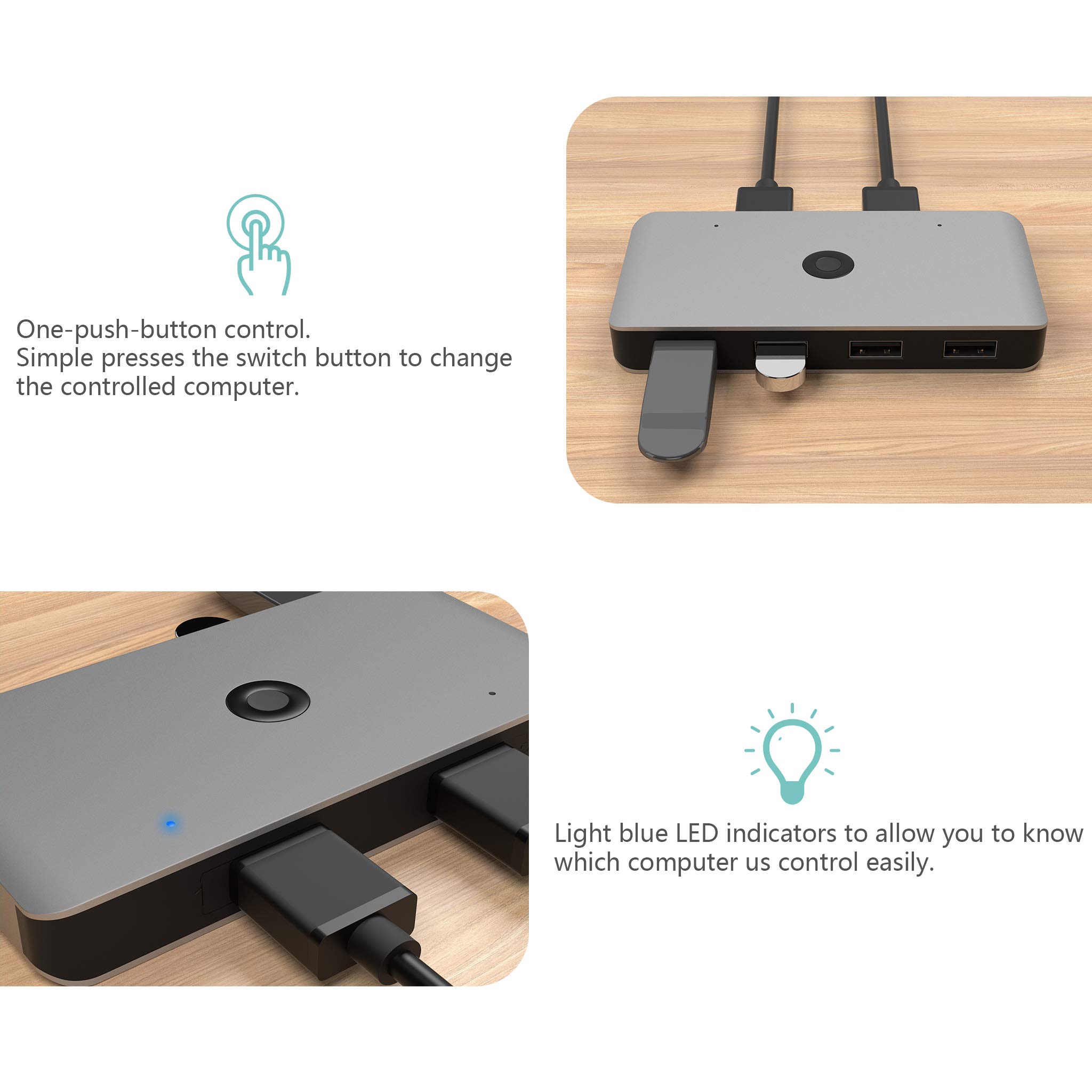 Cateck Aluminum Build USB Switch Selector 2 Computers Sharing 4 USB Devices USB 2.0 Peripheral Switcher Box Hub for Mouse, Scanner, Printer, PCs with One-Button Swapping and 2 Pack USB A to A Cable