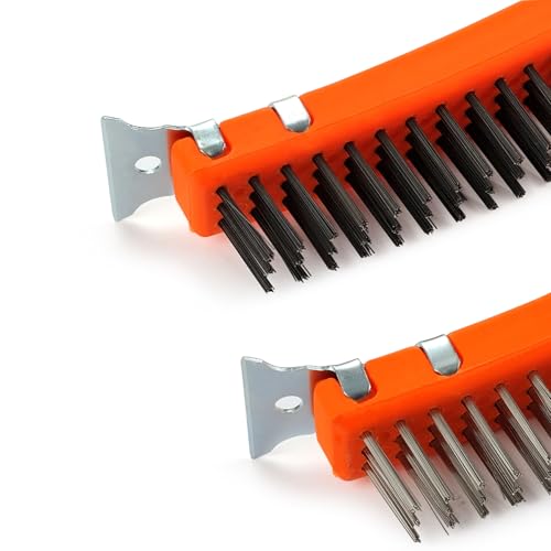 MAXMAN Wire Brushes 2 Pcs, 14 Inch Stainless & Carbon Steel Wire Scratch Brush, Wire Brush with Rubber Handle, Heavy Duty Wire Brushes with Metal Scraper for Cleaning Rust, Automotive, Paint, Welding
