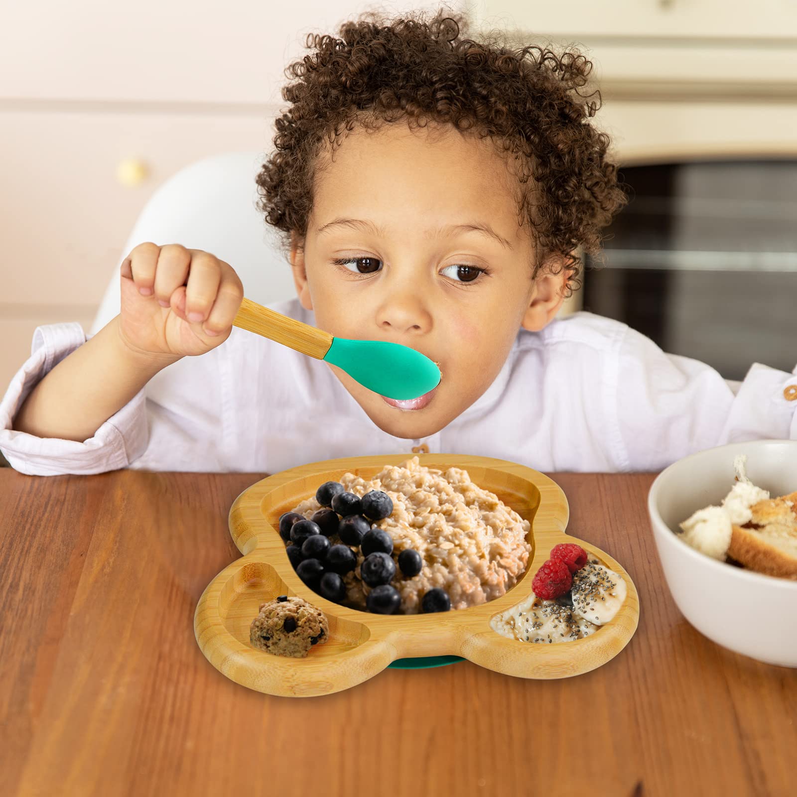 DUDUGWA Bamboo Baby Plates, Bamboo Suction Plates for Babies, Removable Silicone Suction Cup for Kids and Toddlers with Spoon, 6 Months and Older,Bear Plates