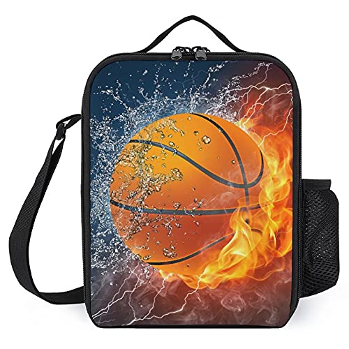 Insulated Lunch Box for Girls Boys, Leakproof Portable Lunch Bags with Adjustable Shoulder Strap and Side Pocket, Durable Reusable Cooler Tote Bag for Beach/Picnic/Office/Collega (Basketball)