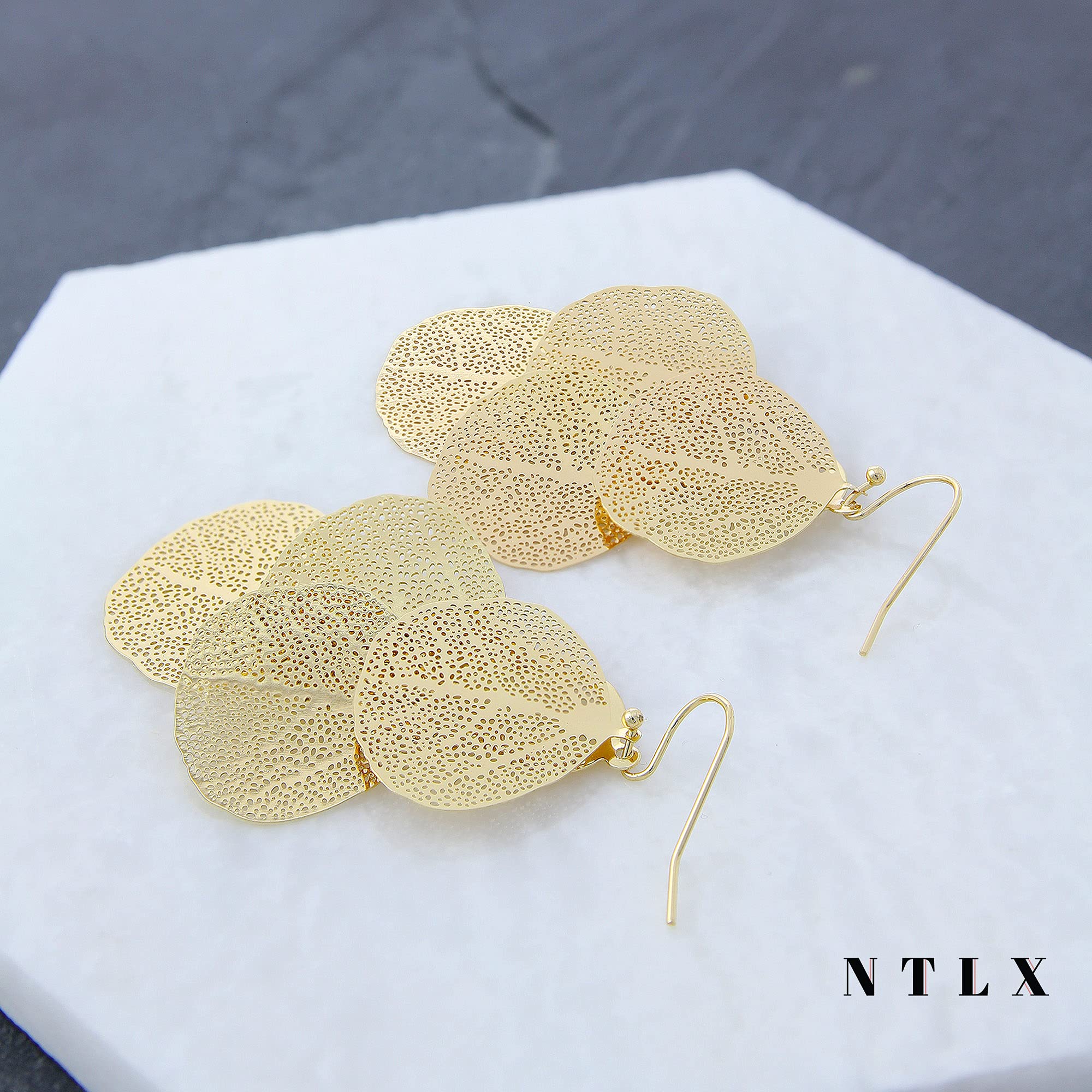 Bohemian Boho Filigree Leaf Chandelier Dangle Earrings for Women – Handcrafted Delicate – 14K Gold Plated – Lightweight (Gold - 3 Layered Circle Leaf Chandelier)