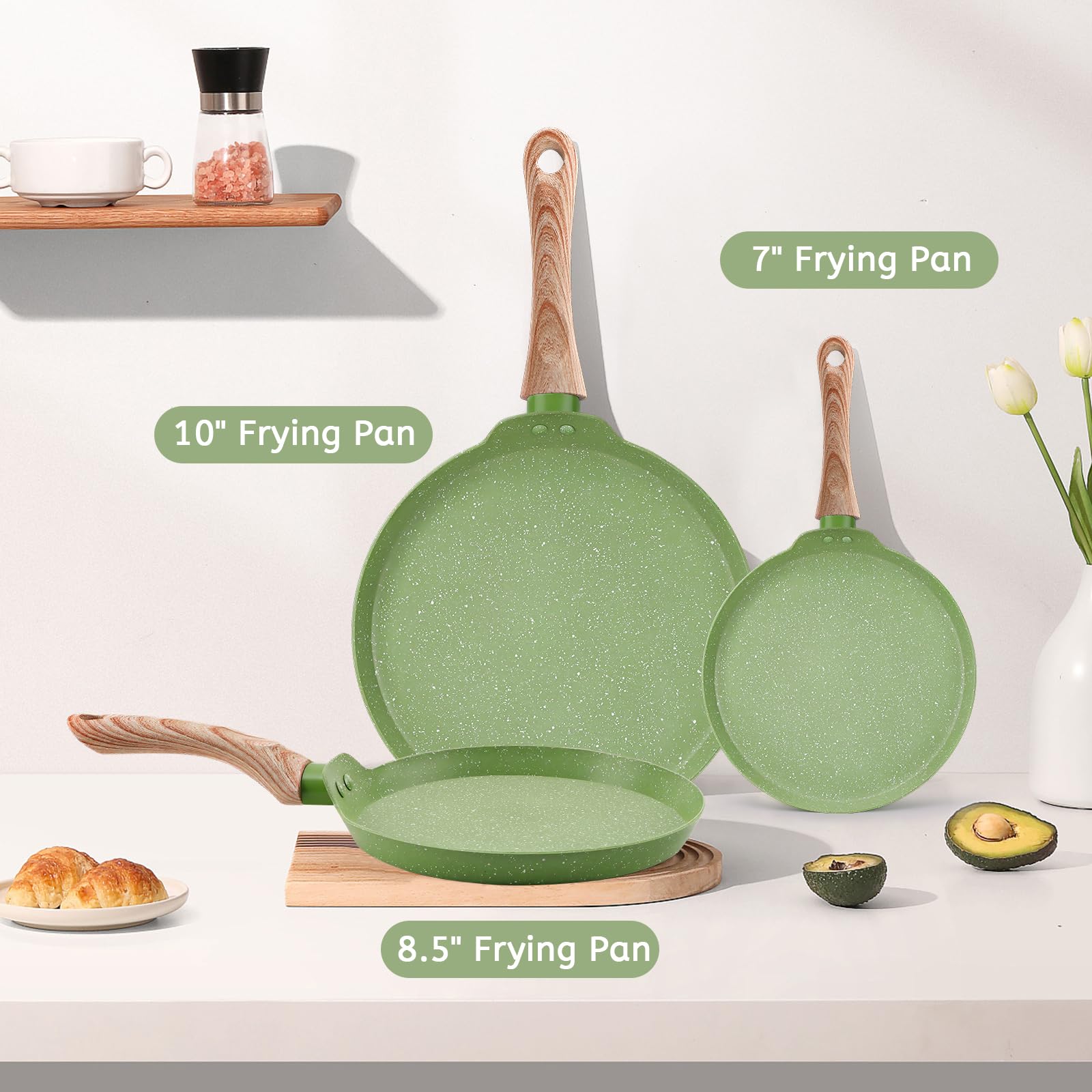 FTNESGYM Egg Pan Frying Pan Set, 7" 8.5" and 10" 3 Pieces Nonstick Crepe Pan Set, Omelet Pans, Flat Pan for Tortillas, Omelette, Pancake, Gas Stove Induction Compatible (Green)