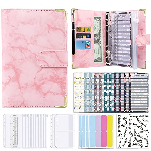 Budget Binder, A6 Budget Binder with 8pcs Zipper Envelopes, 12 pcs Expense Budget Sheets Categories Sticker Labels, Cash Envelopes Money Organizer for Cash Budget Binder Saving Money
