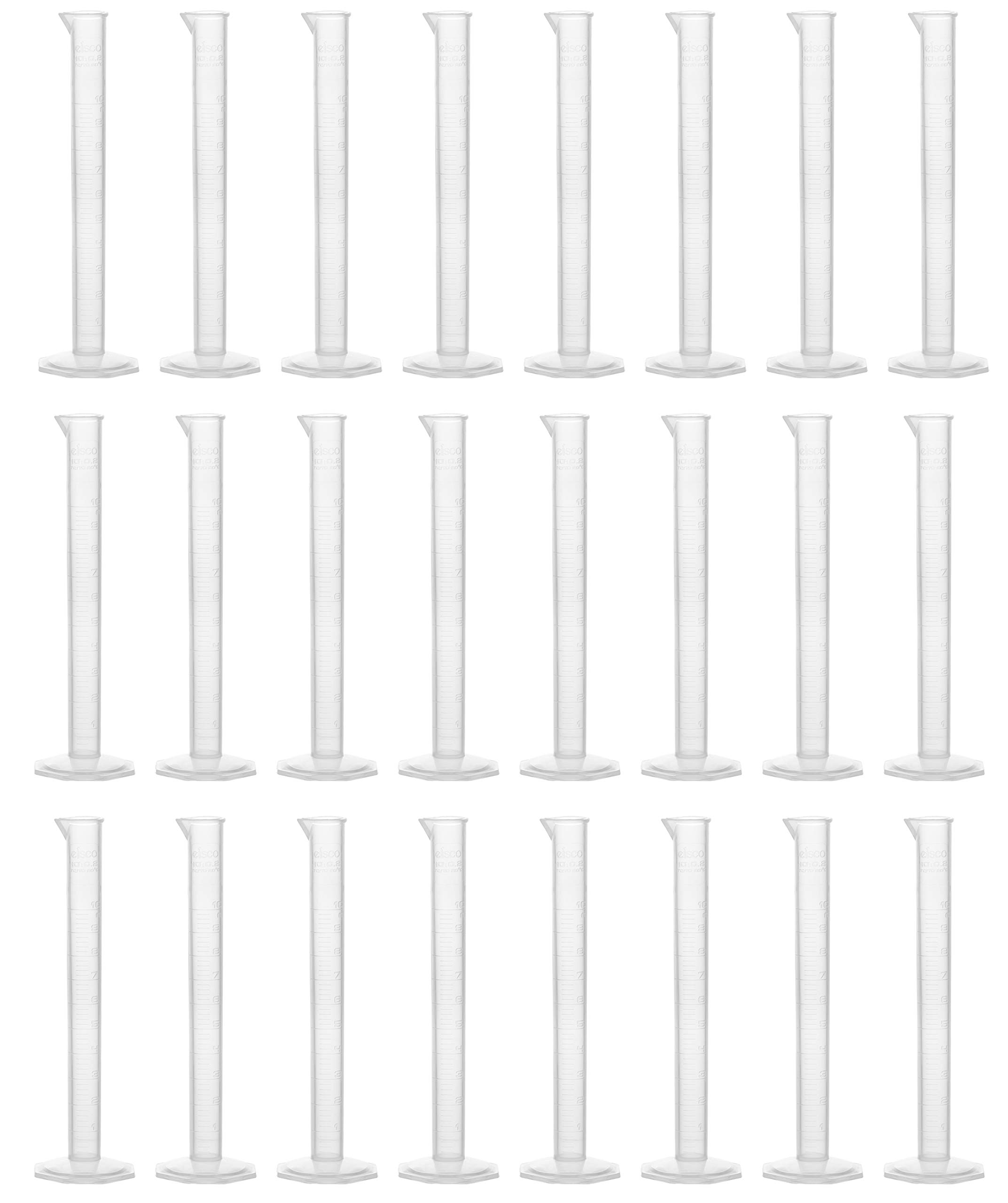 EISCO 24PK Graduated Cylinders, 10mL - Class B Tolerance - Octagonal Base - Polypropylene Plastic - Industrial Quality, Autoclavable