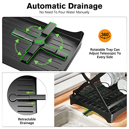 COALA HOLA Collapsible Dish Drying Rack 2 Tier Dish Drainers for Kitchen Counter with Folding Drainboard, Swivel Spout Cup Holder Utensil Knife Holder Stainless Steel -Black