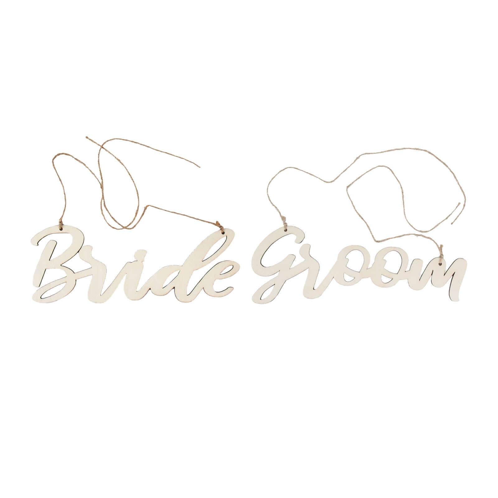 Efavormart Set of 2 | Natural Wood Bride and Groom Chair Signs, Wedding Photo Booth Props, Calligraphy Wall Hanging Decor - 12"X5"