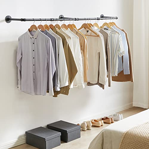 IBUYKE 70 Inch Industrial Pipe Clothes Bar Rack, Wall Mounted Garment Hanging Storage Rail, for Bedroom, Living Room, Laundry Room, Retail Display, Triple Base, Black TYJ003H