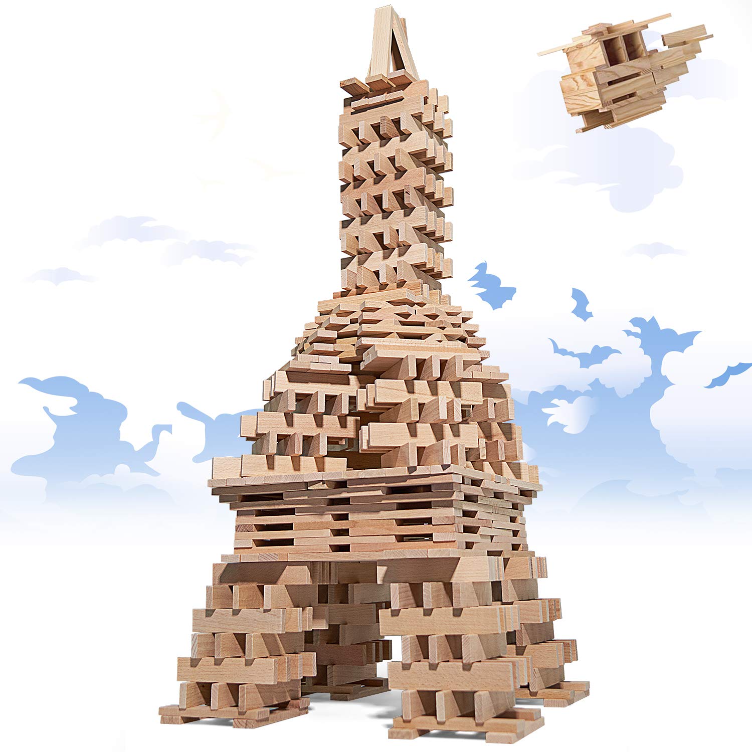 LuckIn 200-Pcs Wood Building Blocks for Kids over 3 Year Old, Structure Wooden Planks Set, Wood Stacking Blocks Brain Builders and Contraptions, STEM Toy for Boys and Girls
