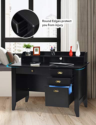 Catrimown Computer Desk with Drawers and Hutch, Vintage Wood Home Office Desk Writing Study Teens Student Desk PC Laptop Table, for Small Spaces, Black