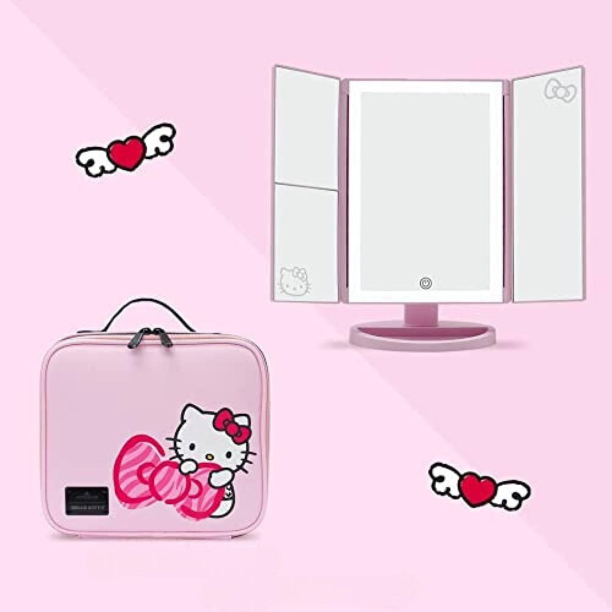 Impressions Makeup Vanity Hello Kitty, Trifold With LED Lights Tri-Tone Mirror with Touch Sensor and Three Adjustable Panels, Handheld Magnifying Mirror (Pink)