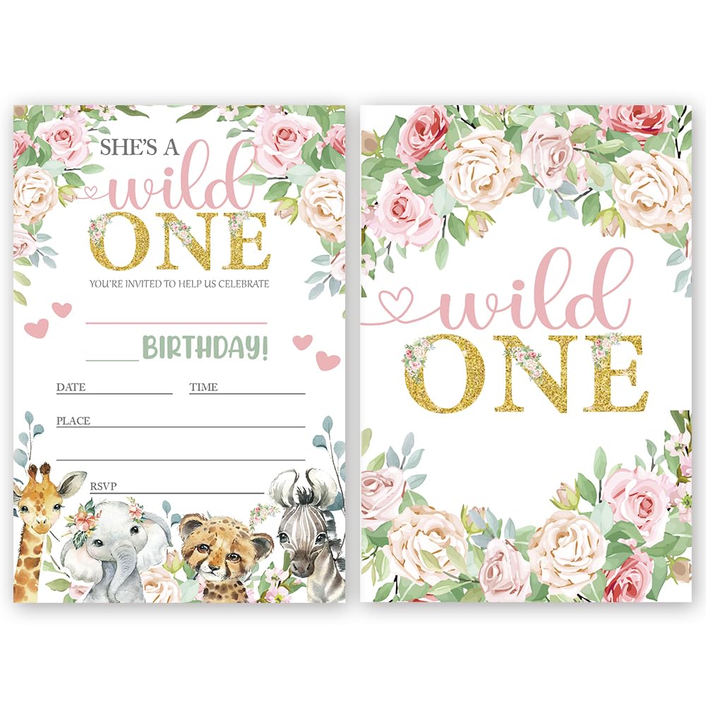 FujLoy Wild One Birthday party Invitations, Wild One Invitations, Jungle Theme, Animals Birthday Party Invites.(060)