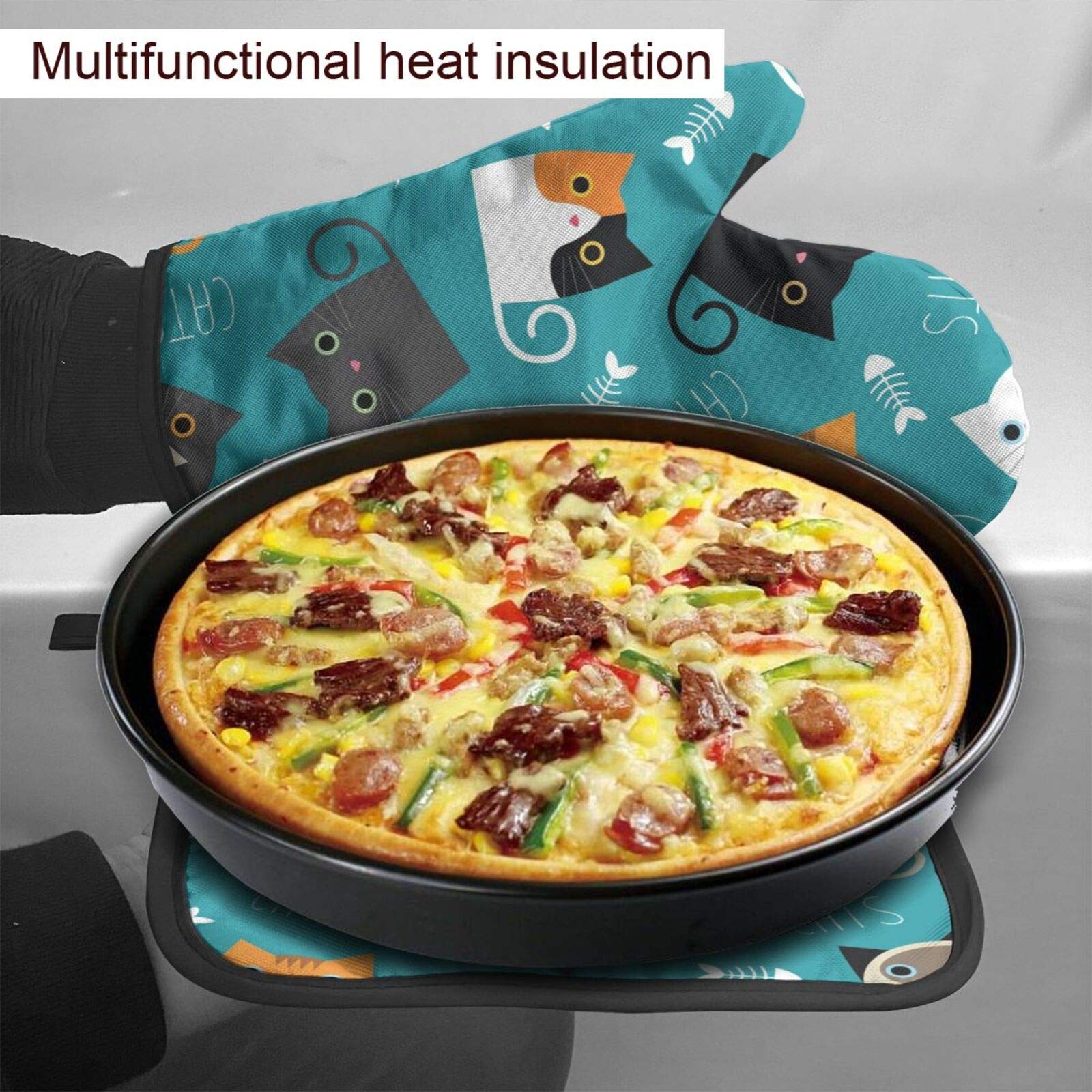 Cats Fishbone Oven Mitts and Pot Holders Set, Heat Resistant Kitchen Gloves with Inner Cotton Layer for Cooking Baking Grilling