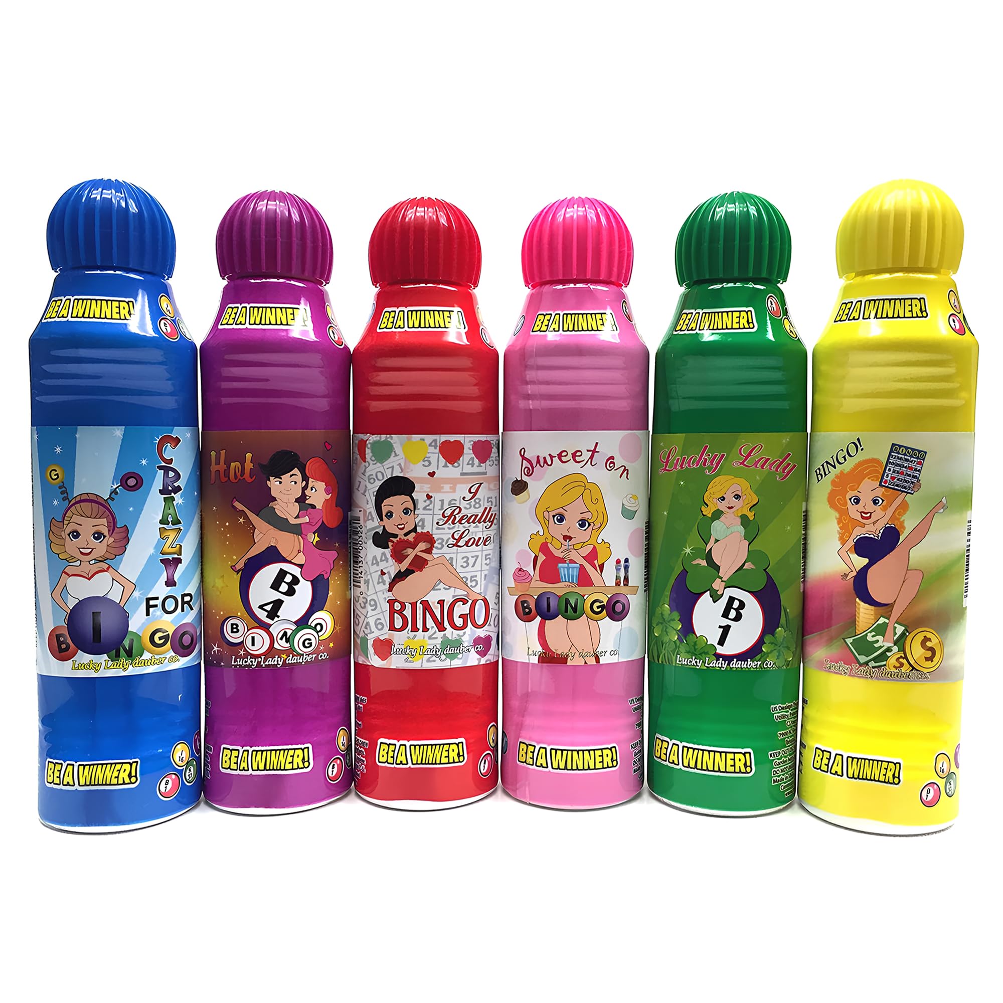 Lucky Lady Bingo Daubers for Adults - 6-Pack Assorted Colors Bingo Markers - Smooth & Even Application, Non-Drip & Quick-Dry Formula Bingo Dotters, Bingo Accessories - Made with Dab-O-Ink Bingo Dauber