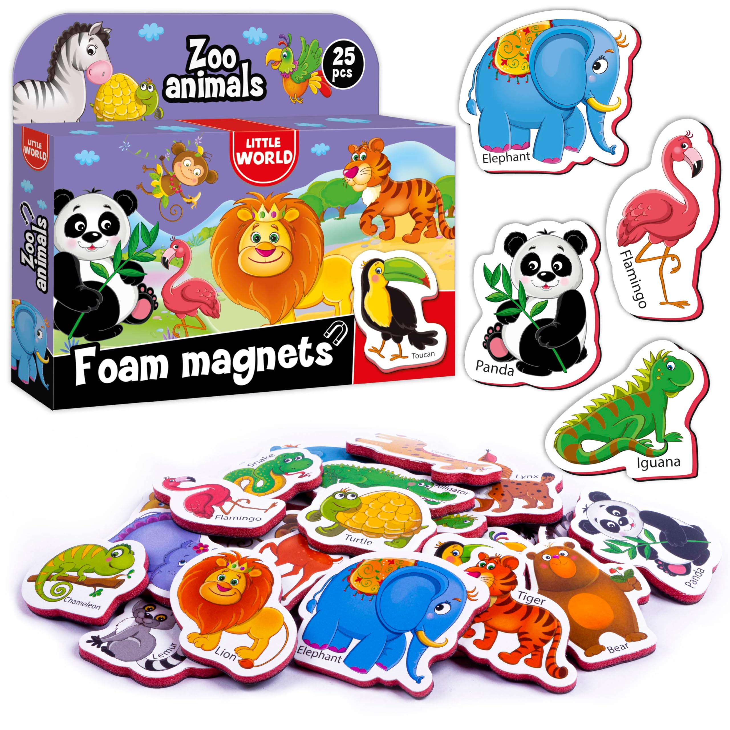 Little World Large Set of 25 Foam Fridge Magnets for Toddlers 1-3 - Refrigerator Magnets for Kids – Baby Magnets for Refrigerator 1 Year Old - Zoo Magnetic Animals - Animal Magnets for Toddlers 1-3