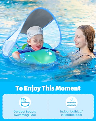 LAYCOL Baby Swimming Float Inflatable Baby Pool Float Ring Newest with Sun Protection Canopy,add Tail no flip Over for Age of 3-36 Months (Blue, L)