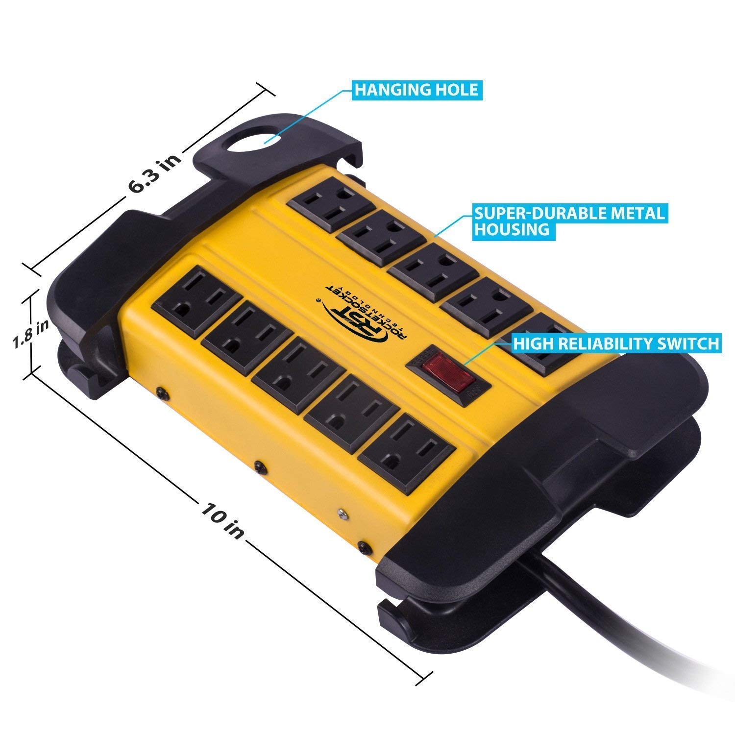 CRST 10-Outlet Heavy Duty Power Strip Surge Protector Metal Power Bar with 2 USB with Long Cord