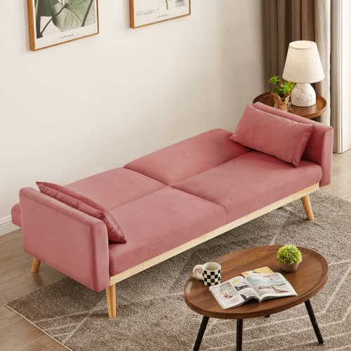 Lamerge Velvet Sleeper Couch with Pillows and Wooden Frame, Upholstered Modern Folding Futon Sofa Bed, Lounge Memory Foam Convertible Loveseat for Living Room, Home & Office (Pink)