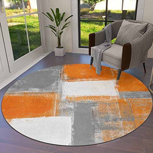 Thanksgiving Rugs Abstract Geometric Graffiti Oil Painting Orange Carpet Non-Slip Area Rug Stain-Proof Accent Area Rug for Bedroom Living Room Home Decoration, 4 Feet Soft Round Carpet Absorbent