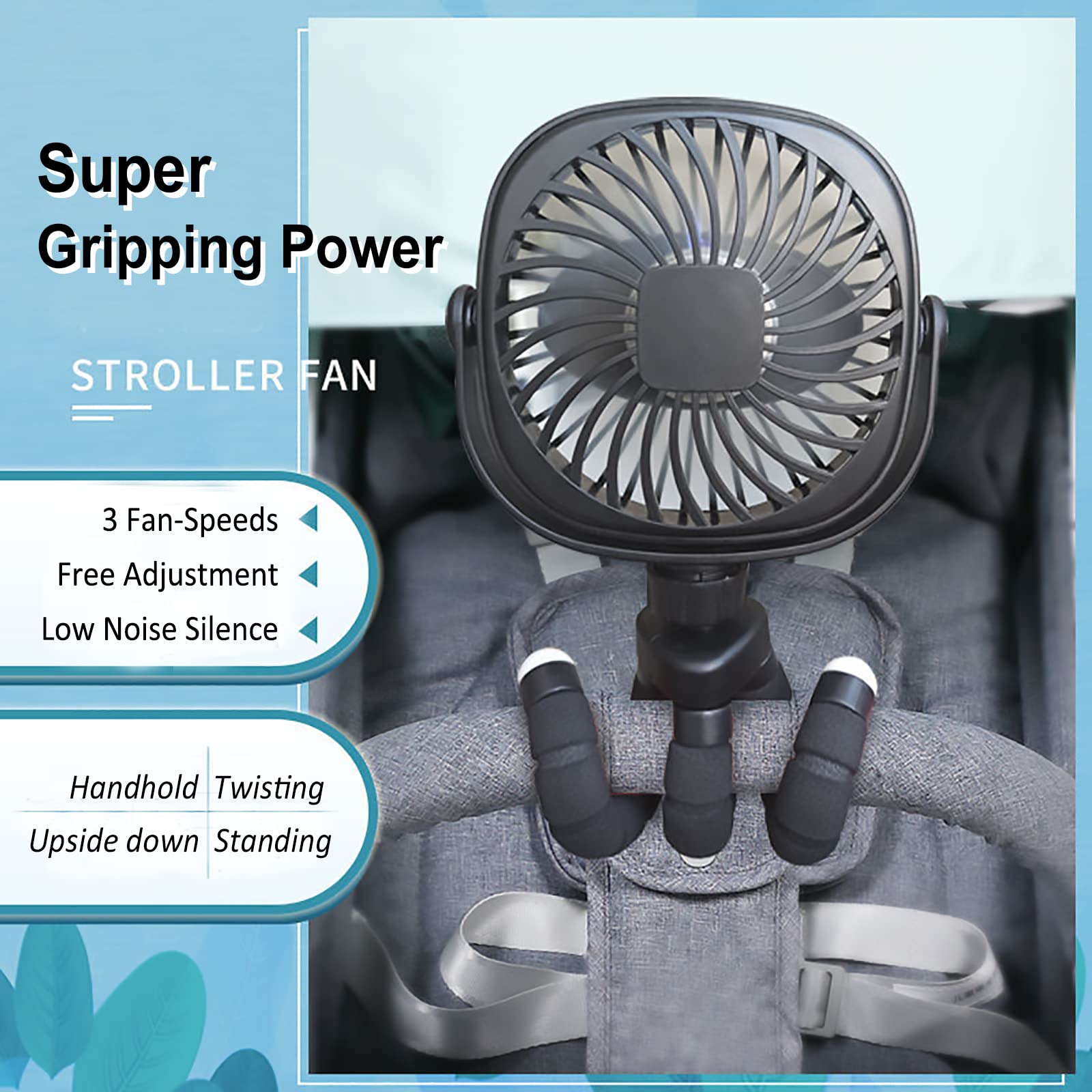 ceyoom Portable Stroller Fan, Mini Handheld USB Fan with Flexible Tripod Fix on Stroller, Battery Powered Personal Fans for Baby Stroller and Car Seat,Stroller Clip On Fan Travel Accessories