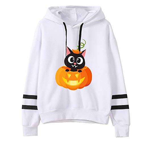 Hoodies for Women, FAPIZI Women Halloween Pumpkin Print Crew Neck Stripe Hooded Sweatshirts Pocket Drawstring Pullover