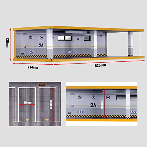 Giorkecl 1/32 Model Car Display Case,Model Car Parking Lot Garage,Display Case for Diecast Cars,6 Parking Space Acrylic Toy Garage with LED Light