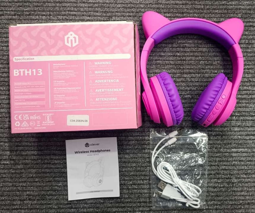 iClever Cat Ear Kids Bluetooth Headphones, LED Lights Up, 74/85/94dB Volume Limited, 50H Playtime,Bluetooth 5.2, USB C,Kids Headphones Wireless Over Ear for Travel iPad Tablet, Meow Macaron-Hot Pink