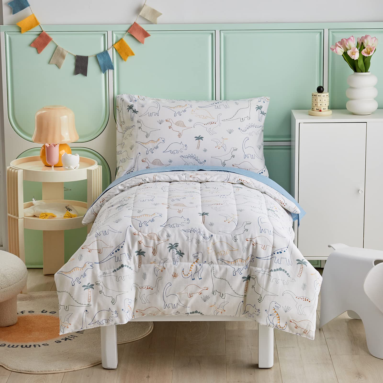 Cotton 4 Pieces White Dinosaurs Toddler Bedding Set Includes Adorable Quilted Comforter,White Fitted Sheet, Top Sheet, and Pillow Case