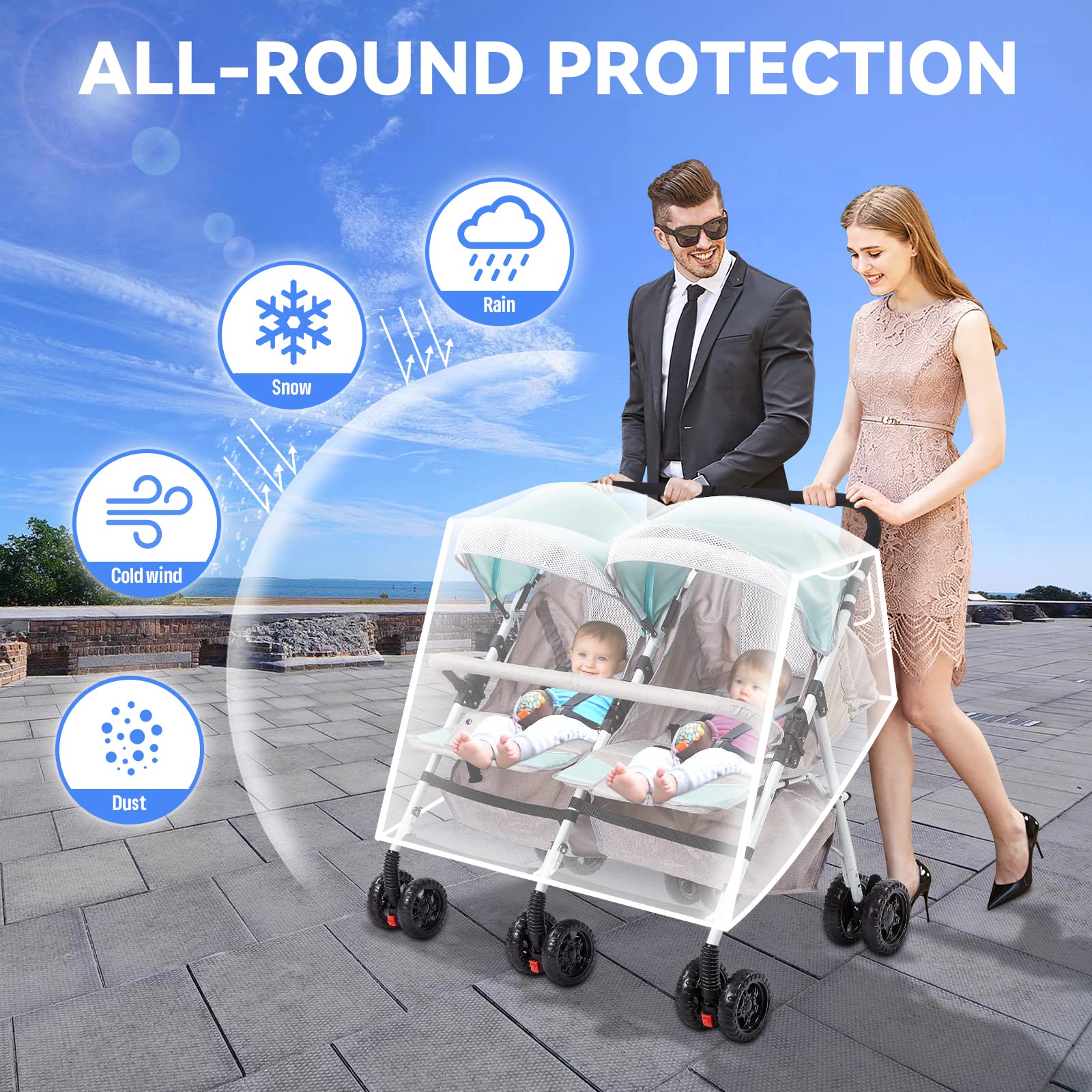 Double Stroller Rain Cover, Waterproof Weather Shield for Side by Side Baby Double Stroller, Twins Stroller Cover for Rain/Wind/Snow/Cold/Dust, Baby Outdoor Accessories