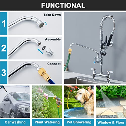 Favorpo Commercial Sink Faucets with Pull Down Sprayer 24"Pre-Rinse Height Deck Mount Kitchen Faucet Brass Constructed Polished Chrome 8" Center Faucet with 10" Add-on Spout for 3 Compartment Sink