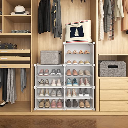 LANTEFUL 10 Tiers Tall Shoe Rack 20 Pair Shoe Organizer Narrow Shoe Rack with Door Portable Shoe Storage Cabinet with Hooks Sturdy Plastic White Shoe Rack for Entryway and Bedroom